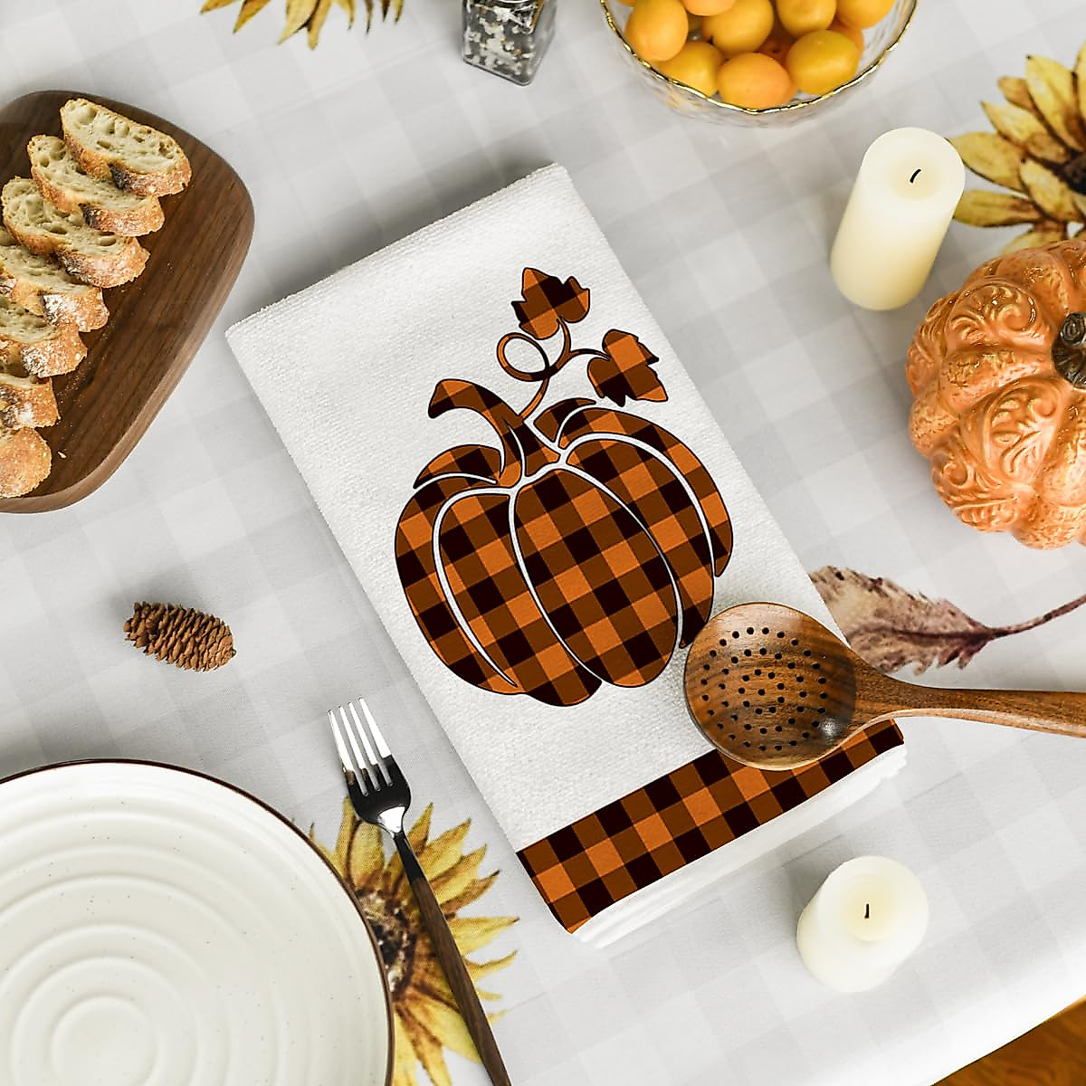 Artoid Mode Buffalo Plaid Pumpkin Hello Fall Kitchen Towels Dish Towels, 18x26 Inch Eucalyptus Leaves Decoration Hand Towels Set of 2