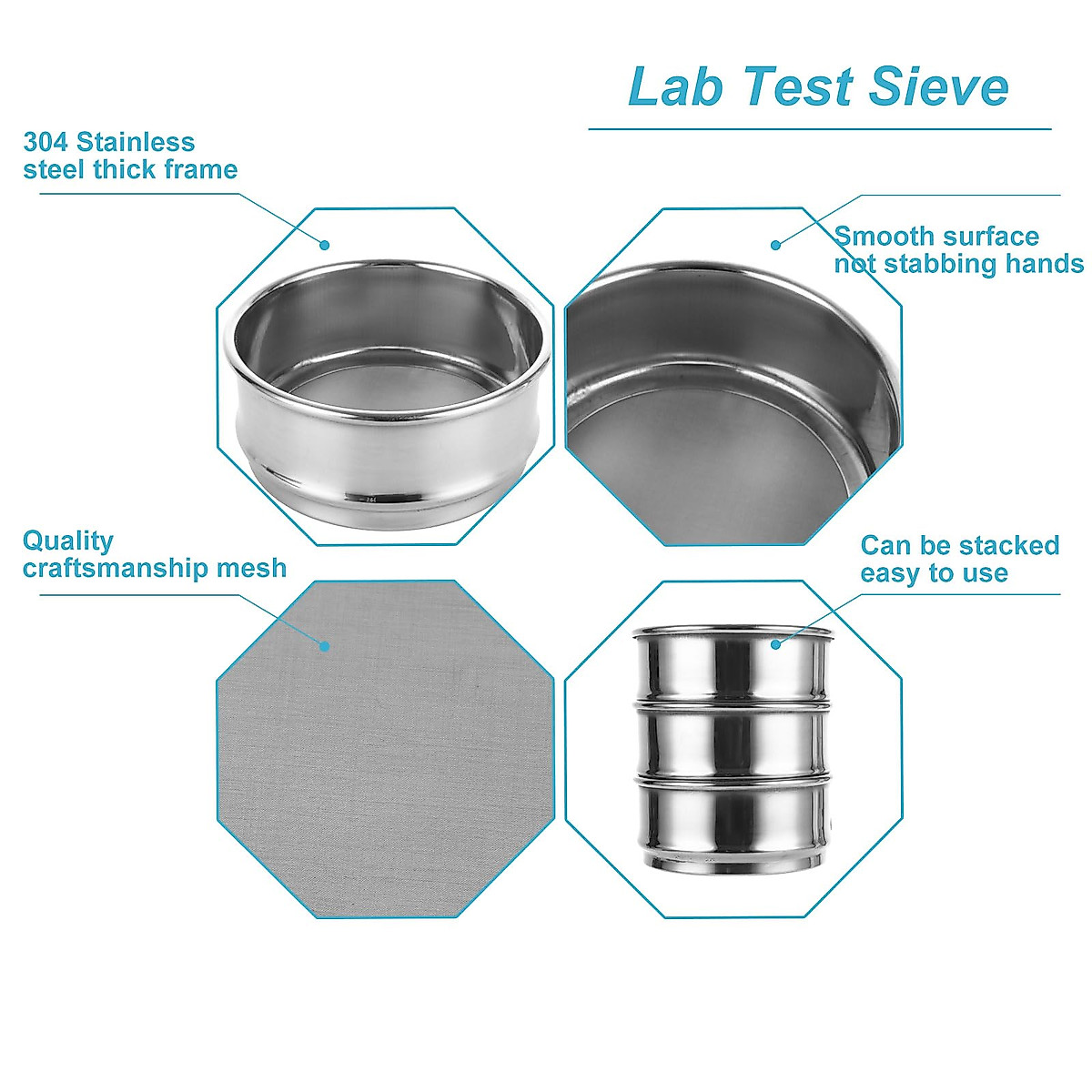 LOYORTY 3 PCS 304 Stainless Steel Test Sieves, 200 Mesh 0.074mm + #80 Mesh 0.18mm +#60 Mesh 0.28mm Aperture Lab Standard Test Sieve, φ10cm/4”Dia Economy Test Sieve for Industrial Laboratory
