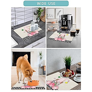 Coffee Mat for Counter,Christmas Pink Gnome Snowflake Star Linen Texture Absorbent Hide Stain Coffee Bar Mat,Non-slip Coffee Bar Accessories Kitchen Drying Mat Fit Under Coffee Maker Espresso Machine