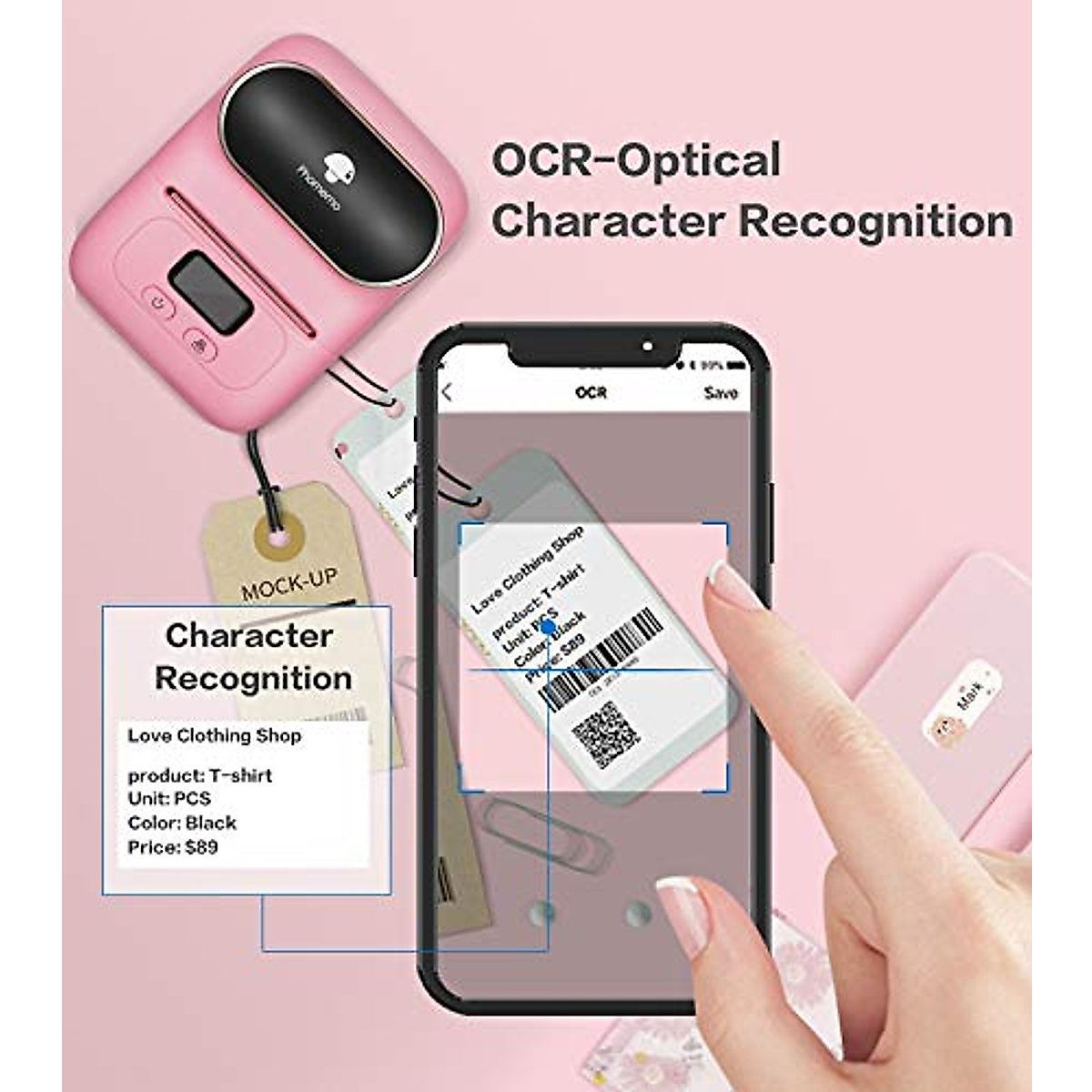 Phomemo M110 Label Maker- Portable Mini Bluetooth Thermal Label Printer Apply to Labeling, Office, Cable, Retail, Barcode and More, Compatible with Android & iOS System, with 1 40×30mm Label, Pink