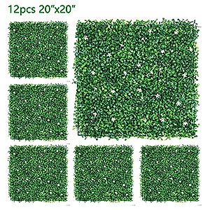 Shikha 12PCS Artificial Boxwood Panel with White Flowers Topiary Plant Hedge Greenery Privacy Hedge Screen UV Protected Suitable for Indoor, Garden, Fence, Backyard and Walls Decoration