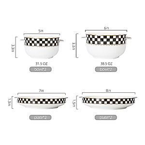 Porlien Checkered 8-Piece Plates and Bowls Set with Handles, Set of 2, Dessert/Cereal Bowls & Salad/Soup/Dessert Plates