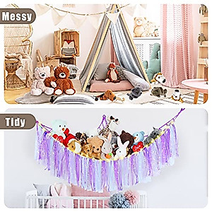 2 Packs Stuffed Animal Net or Hammock with LED Light Plush Toy Hammock Stuffed Animal Storage Holder Hanging Kids Toy Organizers and Storage Net with Tassels for Kids Bedroom Nursery Play Room Decor