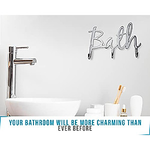 Comfify Modern Style “Bath” Wall Mount Towel Holder and Robe Hook Hand-Cast Aluminum Bathroom Hanger Decor w/ 3 Hooks for Towels, Robes, Clothing | Includes Screws and Anchors | Silver Color