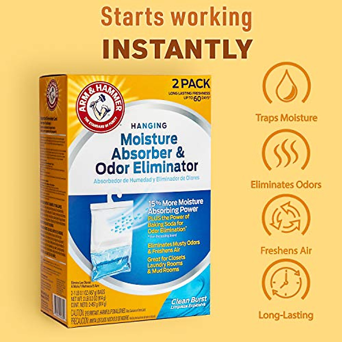 Arm & Hammer Clean Burst Hanging Moisture Absorber and Odor Eliminator - 2 Pack - Traps Moisture for Fresher, Cleaner Air