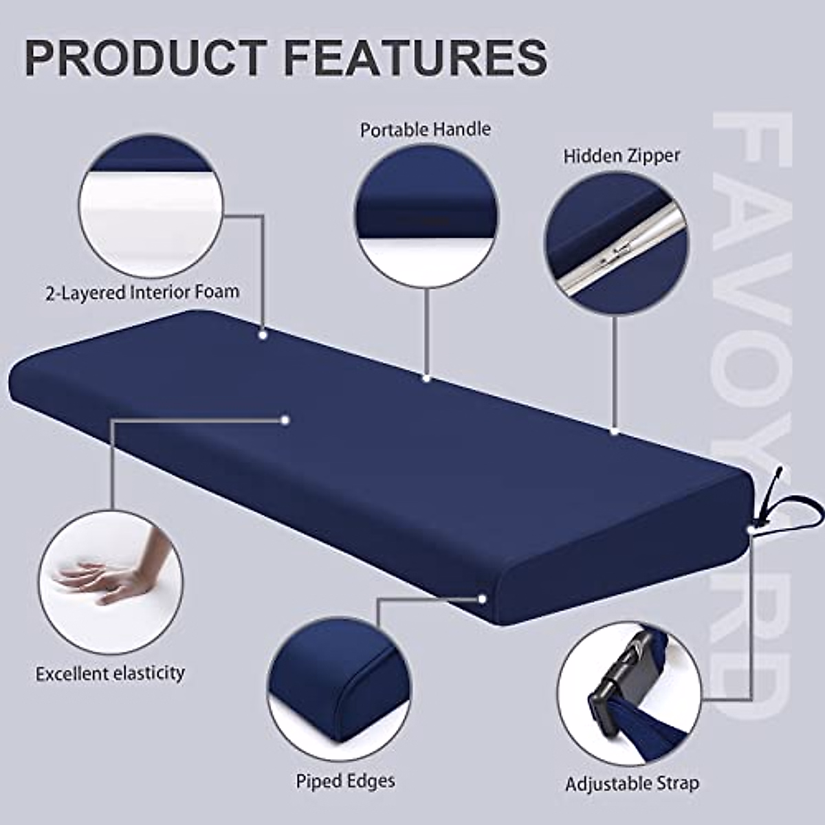 Favoyard Outdoor Bench Cushion 48 x 16 Inch Waterproof Patio Furniture Cushions Seat Cushion/Back Cushion Dual Purpose 3-Year Color Fastness Garden Sofa Settee Couch Swing Lumbar Pads, Blue