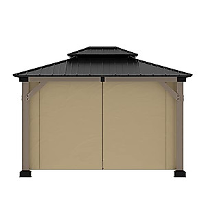 MONDAWE Cedar Wood 10x12Ft Hardtop Gazebo with Curtains, Rectangular Outdoor Permanent Gazebo Pergola with Galvanized Steel Double Roof Pavilion for Patio Lawn Garden