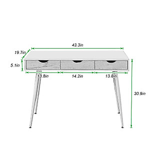 soges Mid Century Desk with Drawers, 3-Drawer Writing Study Desk, 43.3 inches Home Office Computer Desk for Small Space, Multifunctional Vanity Table Desk, White