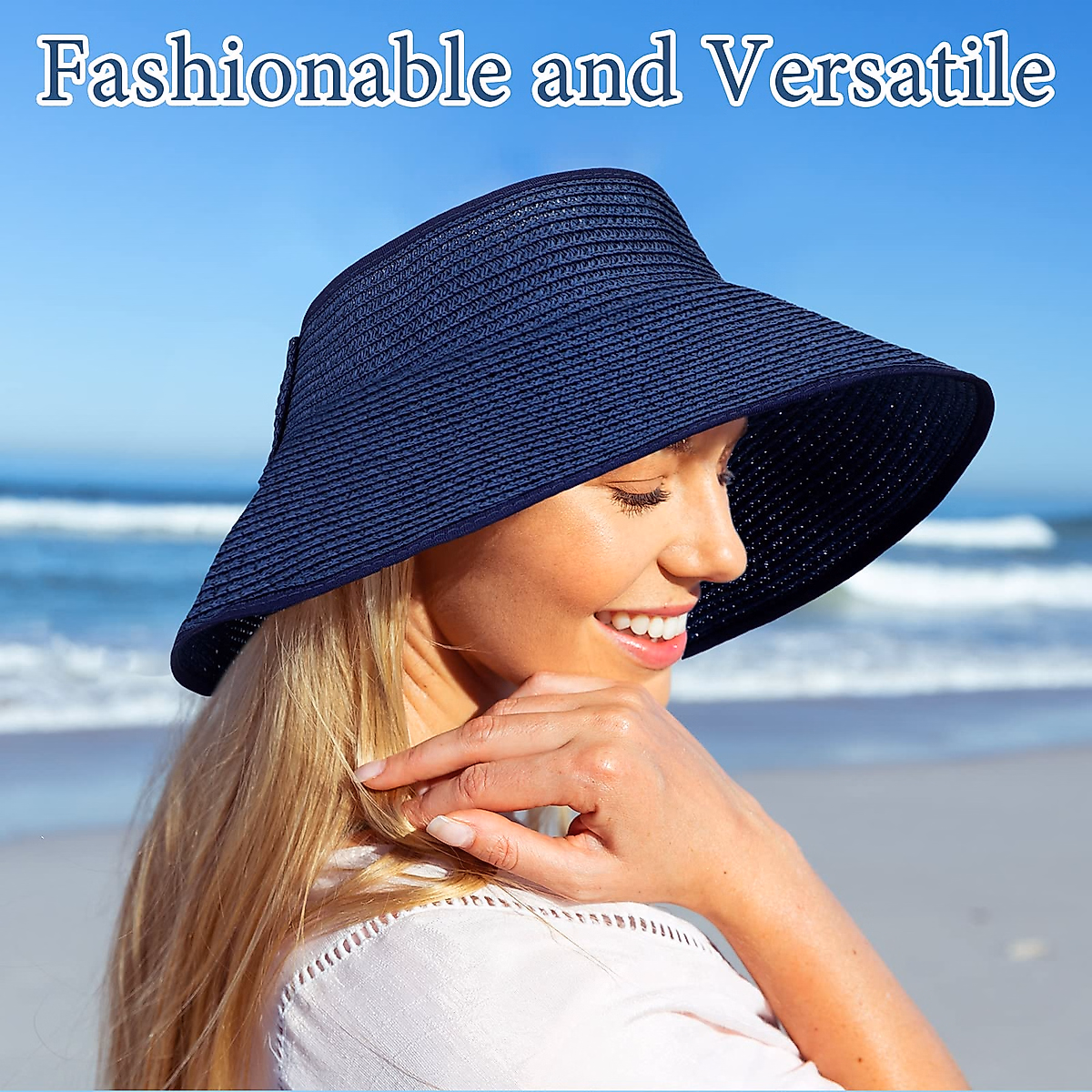 14 Pcs Wide Brim Straw Sun Hat Bulk for Women Multicolor Foldable Straw Sun Visor Hats Wide Brim Ponytail Visors Adjustable Summer Protection Beach Hat