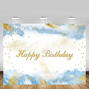 MEHOFOND 7x5ft Happy Birthday Backdrop Boys 1st Birthday Party Decorations Light Blue Watercolor Clouds Photography Background Gold Glitter Pastel Rainbow Bday Banner Cake Smash Table Supplies