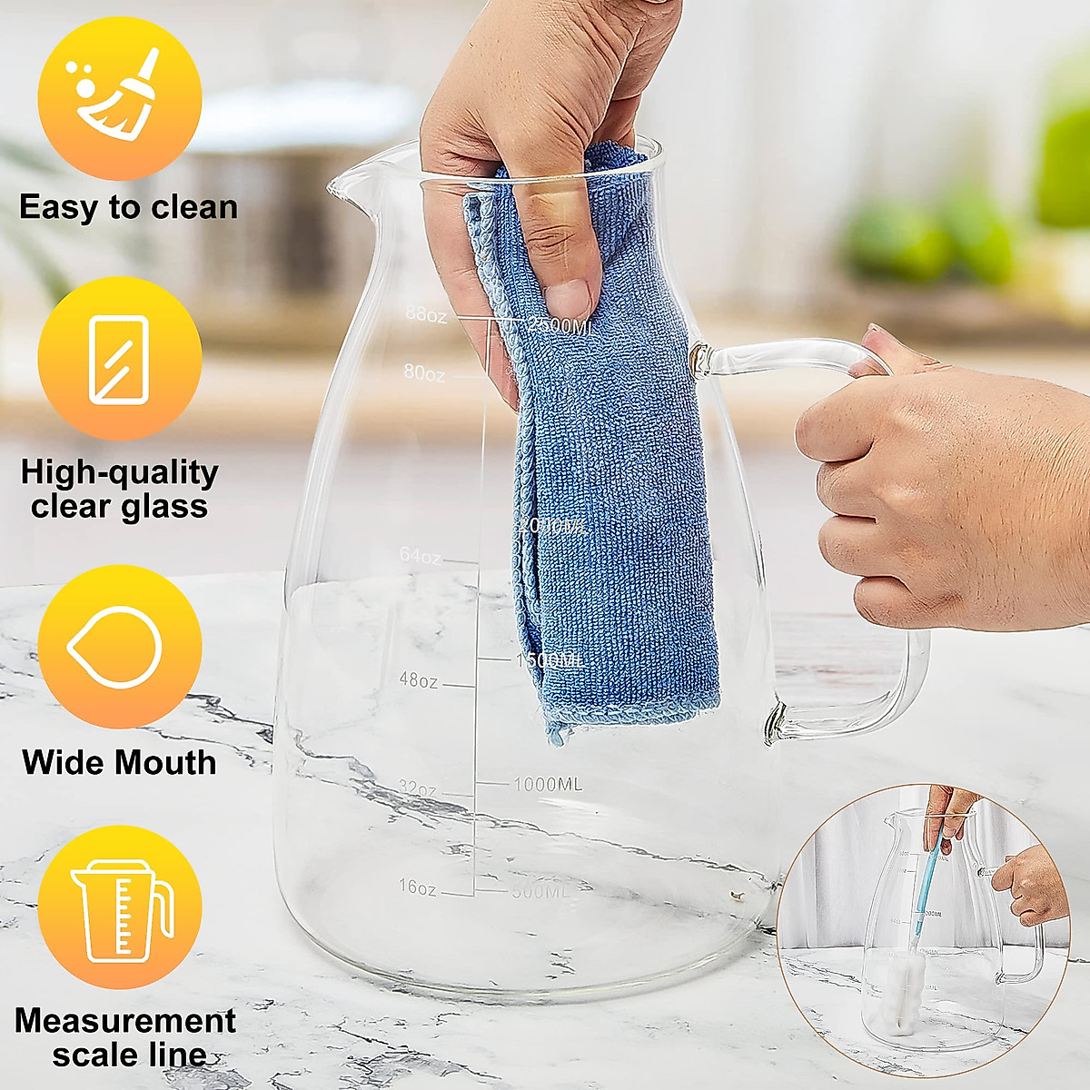 Transparent Glass Pitcher, 88oz/2.5L - Large Drinking Pitcher with Lid, Precise Scale Line, Mixing Spoon and Brush