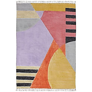 Casavani Hand Made Cotton Dhurrie Geometric Yellow & Pink Tassel Rug Easy Care Washable Rugs for Doormat Entryway Living Room Bedroom Hallway Balcony 4x12 Feet Runner