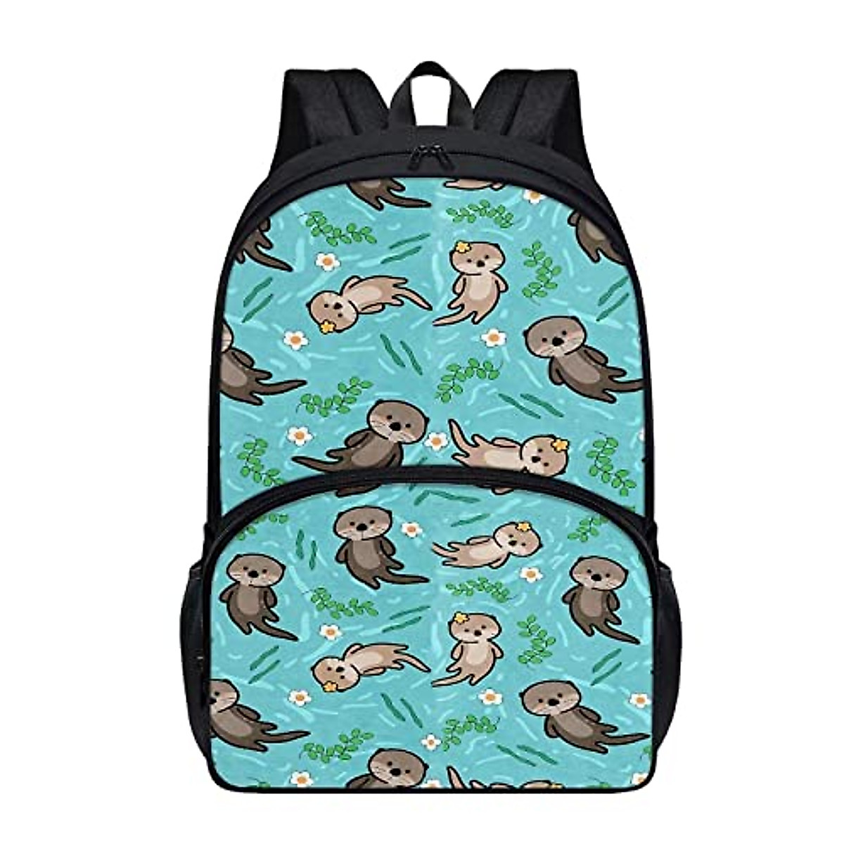 Showudesigns Sea Otter Bookbag for Kids Backpack Purse for Girls School Bag 10-12 Years Old, Book Bag for Student Primary School Shoulder Bag Cute Animal Flower Aqua