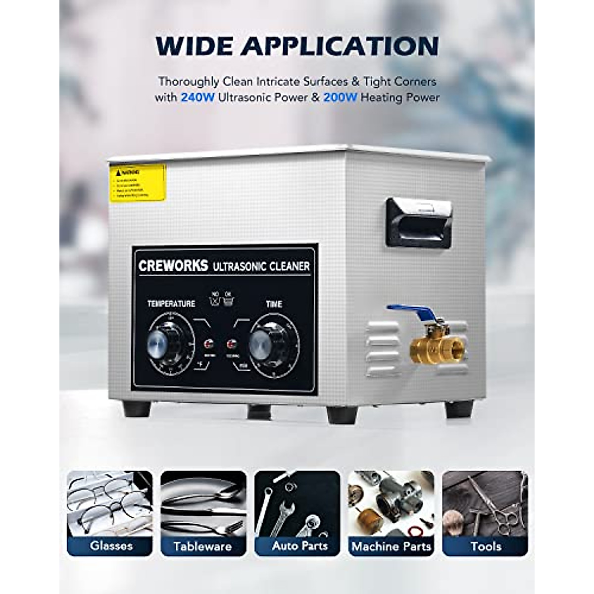 CREWORKS Ultrasonic Cleaner with Heater and Timer, 2.6 gal Digital Sonic Cavitation Machine, 240W 10L Stainless Steel Jewelry Cleaner for Professional Tool Watch Glasses Retainer Denture Coin Cleaning