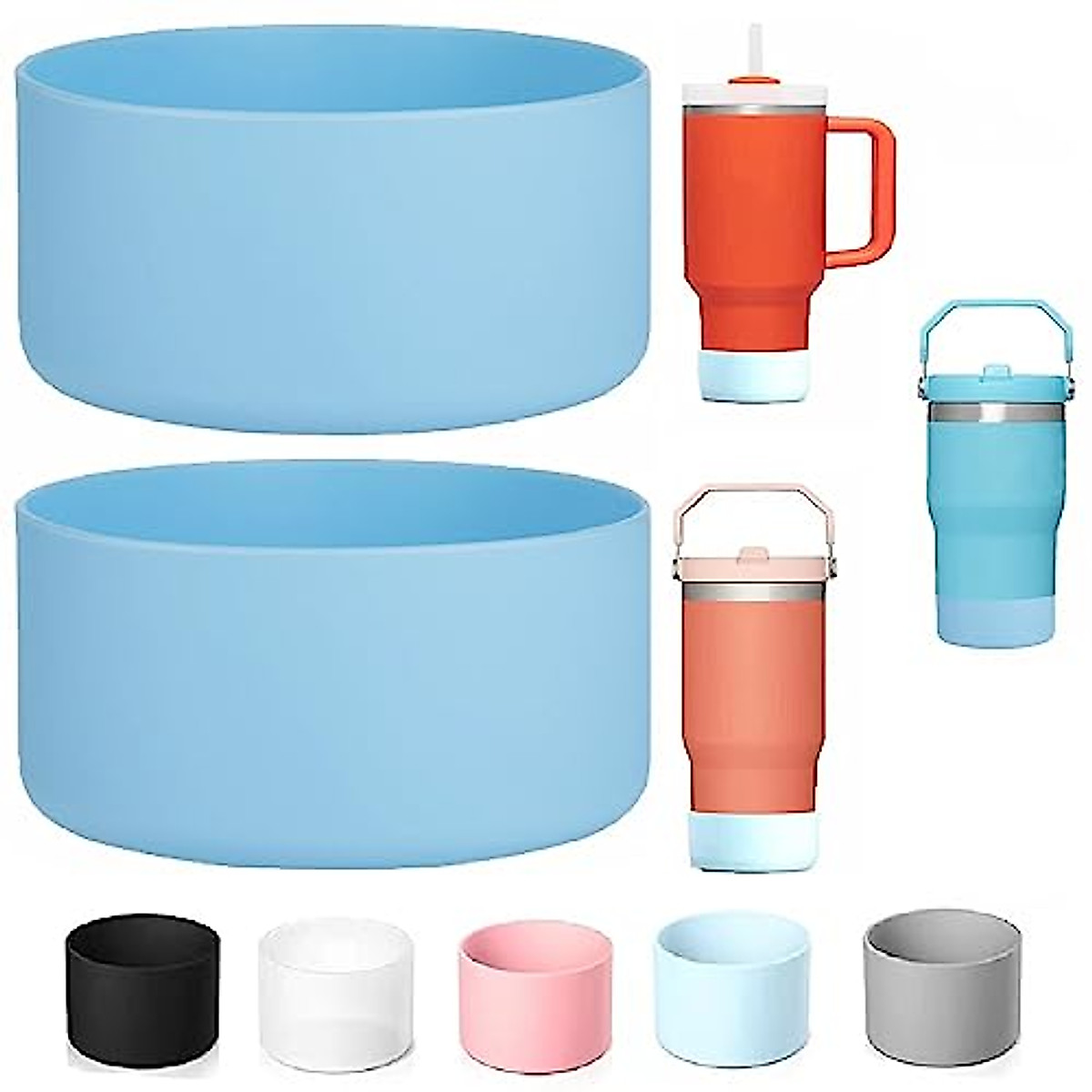 2Pcs Boot Sleeve for Stanley Cup 40 30 oz Quencher, Silicone Boot for Stanley IceFlow Flip 20oz 30oz Tumblers, Bottom Cover for Stanley Cup Accessories, Light Blue