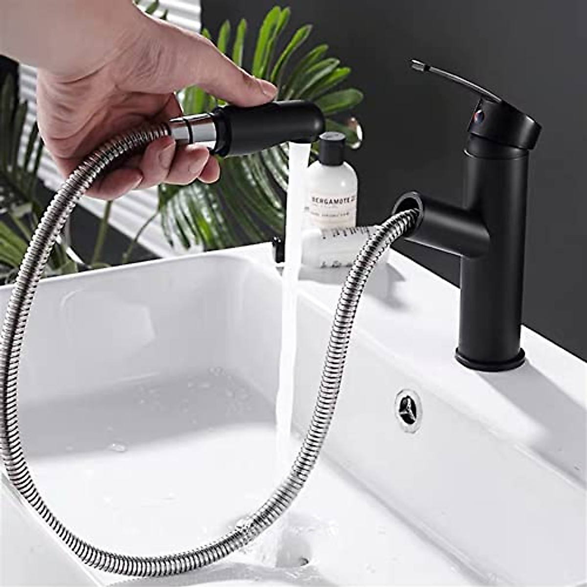 -Faucets,Basin Mixer Tap Basin Faucet, Copper Pull Out Bathroom Chrome Basin Faucet, Deck Mounted Cold Hot Water Sink Crane Mixer Taps for Bathroom Kitchen/Black/Hose Size 12
