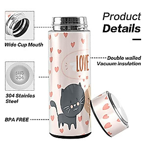 CaTaKu Love Cats Cute Water Bottle Insulated 16 oz Stainless Steel Flask Thermos Bottle for Coffee Water Drink Reusable Wide Mouth Vacuum Travel Mug
