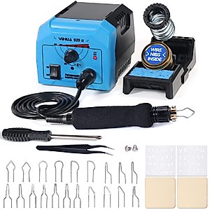 YIHUA 939-II Wood Burning Kit Station Pyrography Pen 250~750℃/482~1382℉ Temperature Adjustable with 20 Wire Nibs, 1 Stable Pen Holder, 2 Stencils, 2 Scrap Wood, 1 S/S Tweezers, and 1 Pliers (Blue)