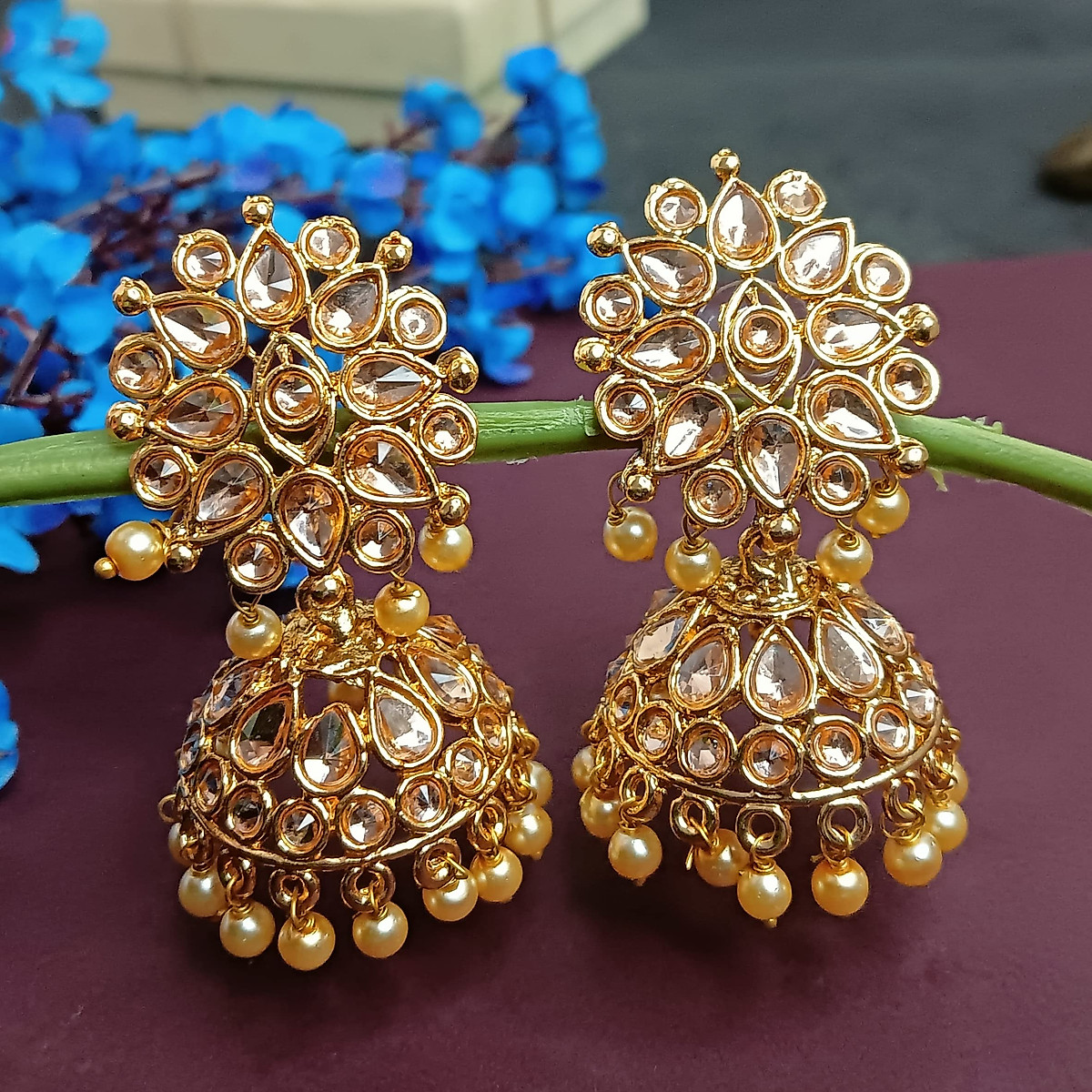 Efulgenz Indian Bollywood Faux Pearl Crystal Kundan Rhinestone Wedding Jhumka Jhumki Dangle Earrings Jewelry Set