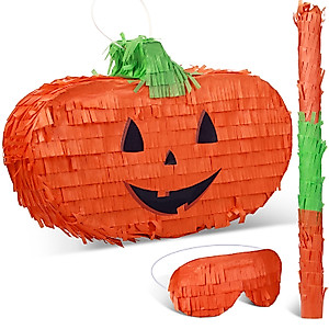 Small Halloween Pumpkin Pinata with Bat and Blindfold for Halloween Party Decorations, Party Supplies, Photo Prop, October Birthday, Funny and Spooky, Fits Candy Favors, 14 x 9 x 2.6 Inches