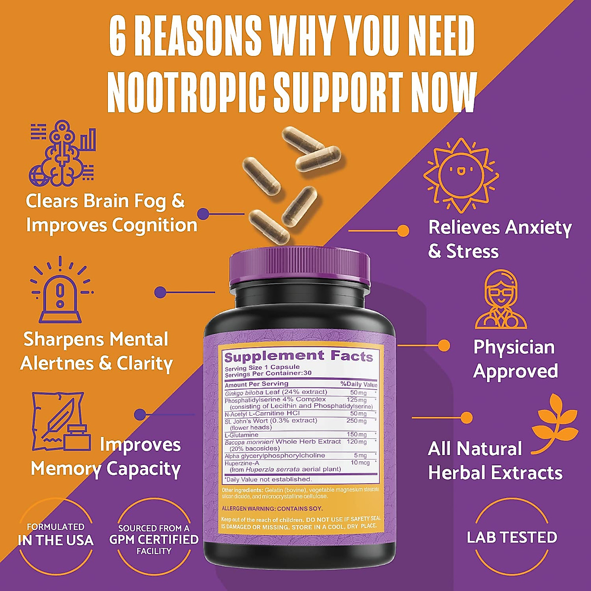Nootropic Brain Supplement For Focus, Energy, Memory & Clarity Booster | Fast Absorption Brain Vitamins For Adults – Nootropics Pills With Ginkgo Biloba, St Johns Wort, Bacopa Monnieri