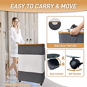 Sinimaka 150L Laundry Hamper 3 Section, Large Divided Laundry Basket with Wheels and Lid, Tall Dirty Clothes Hamper with Bamboo Handles and 3 Removable Bag for Bedroom, College Dorm, Bathroom, Grey