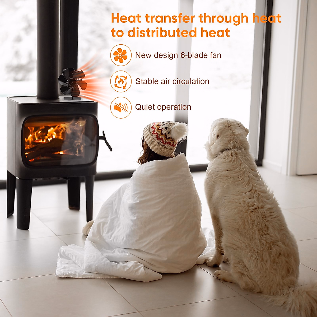 GLITI Wood Stove Fan,Upgraded Fireplace Fan with Wood Stove Magnetic Thermometer, NEW 6-Blade Heat Powered Stove Fan for Wood/Log Burners/Fireplaces/Heater