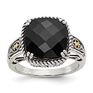 925 Sterling Silver and 14k Yellow Gold Onyx Ring Fine Jewelry For Women Gifts For Her, Size 7