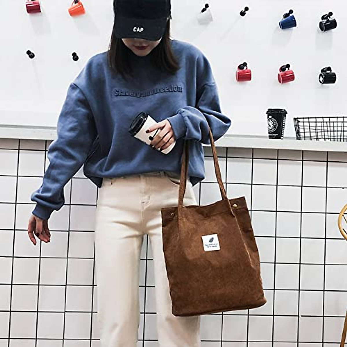 Corduroy Tote Bag Casual Shoulder Bags with Inner Pocket Pearl Bracelet Pendant Handbags Purse for Beach Shopping Travel Work for Women Girls (2PCS(Gray+Brown))