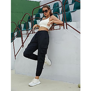 DLOODA Quick Dry Cargo Pants Lightweight Tactical Hiking Pants with 6 Pockets for Women, Elastic Waist and Water-Resistant Black