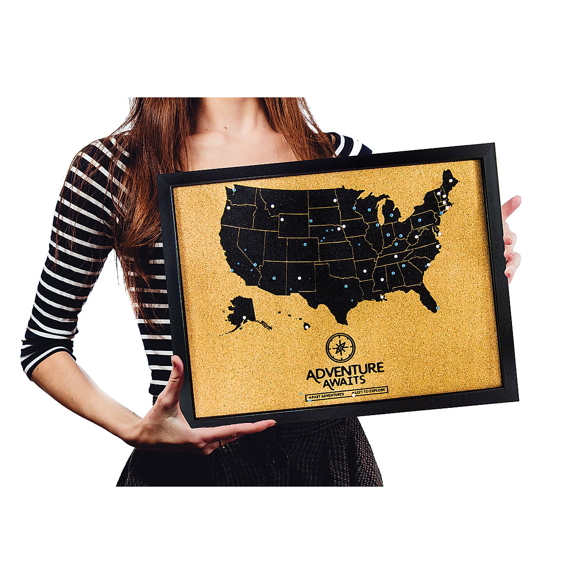 Art of Wanderlust Pushpin Bulletin Cork Board USA Wall Map and Pins | US Travel Tracker Map for Past and Future Bucket List Destinations | United States | 17 x 13 Inches | Black Frame