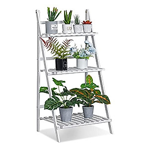 MoNiBloom Folding Bamboo Ladder Shelf 3 Tier Flower Pot Plant Display Rack Stand Organizer Holder for Home Garden Patio Balcony Indoor Outdoor Use, White