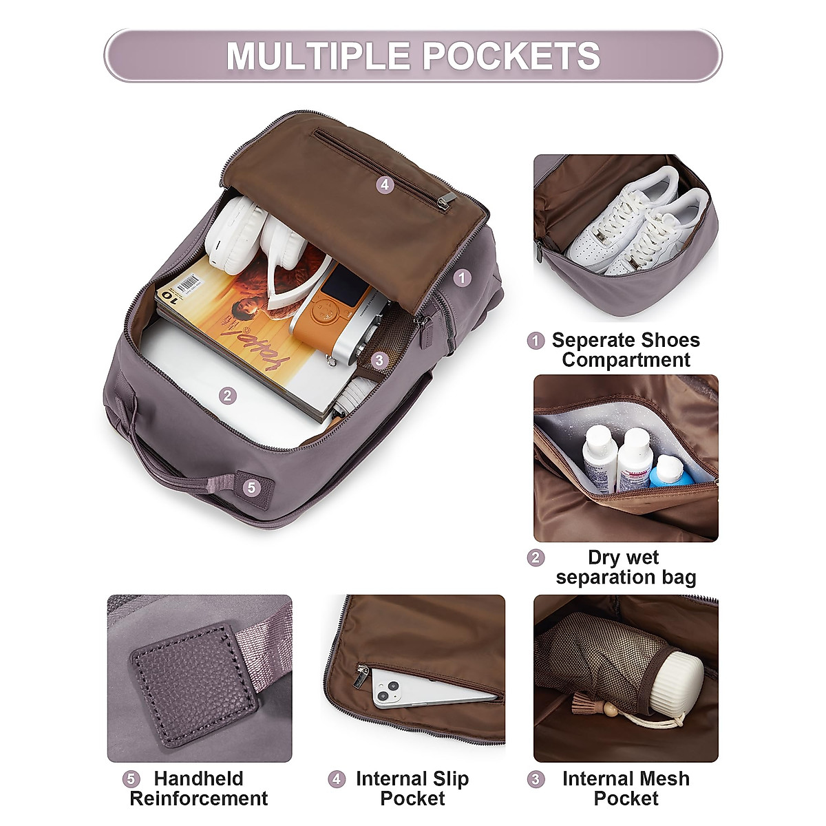 VENATIN Gym Backpack for Women Waterproof Small Gym Bag With Shoe Compartment Sports Essentials Backpack with Wet Dry Pocket, Purple…