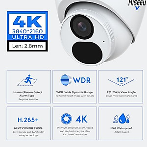 Hiseeu [ 121°Wide View Angle 4K PoE Security Camera,8MP IP Security Camera IP67 Waterproof,Dome Security Camera Outdoor,H.265+ 100ft Night Vision, Work w/PoE NVR Home Surveillance System