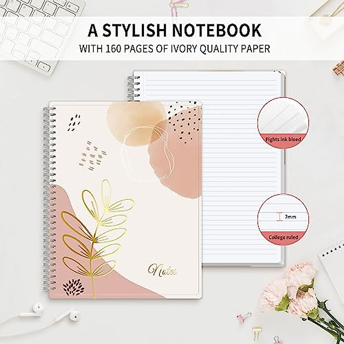 SUNEE Large Spiral Notebook, Journal For Women, Aesthetic Cute Abstract Notebook with Pockets, Flexible Cover, College Ruled Paper, 11" x 8-1/2", 80 Sheets - 160 Pages, for Work, School Supplies