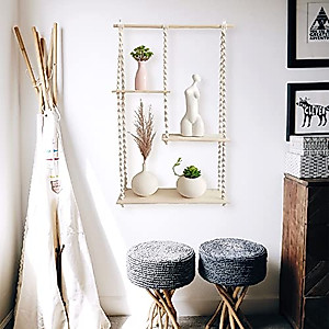 Macrame Wall Hanging Shelf with Three Wooden Shelves Boho Hanging Plant Shelf Boho Wall Decor Hand Woven Natural Rope Floating Shelf for Window Bedroom Bathroom Decorations (Style B)