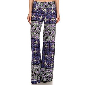 Women's High Waist Full Length Wide Leg Palazzo Pants with Fold Over Waist Band (Large, Floral Patchwork)