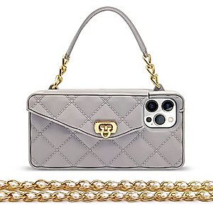Omio for iPhone 12 Pro Max Handbag Case with Card Holder Wrist Lanyard Strap Soft Silicone Cover for iPhone 12 Pro Max Wallet Case for Women Luxury Stylish Long Pearl Crossbody Chain Case Gray