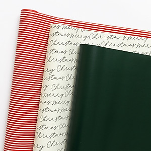 Merry Market 3-pack Premium Satin Christmas Wrapping Paper, Minimal Holiday Gift Wrap, Red Stripe, Solid Green and Merry Christmas - 30” x 168” per roll, 105 square feet total