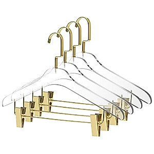Quality Clear Acrylic Skirt Pant Hangers with Clips – 4 Pack, Stylish Clothes Hanger with Gold Hooks - Coat Hanger for Dress, Suit - Closet Organizer Adult Hangers - Cloth Hangers (Gold Hook, 4)