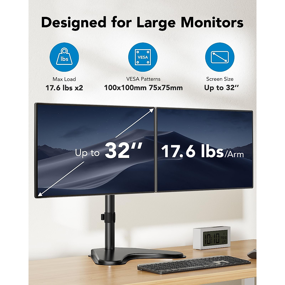 HUANUO 32 inches Dual Monitor Stand up to 17.6lbs per Arm, High-Grade Aluminum Free-Standing Dual Monitor Mount for 2 Screens. Fully Adjustable Dual Monitor Stand for Desk with Tilt, Swivel, Rotation