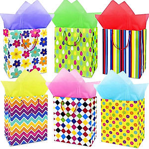 MUMULULU 6 Pack Gift Bags Medium Size with Handle and Tissue Paper Colorful Geometric Elements Pattern Gift Bags for Birthday Party Baby Shower Wedding Holiday Presents