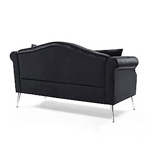 CALABASH 59.4" Settee Loveseat Upholstered Chesterfield Love Seat Button Tufted Sofa Couch with Nailhead Trimming Rolled Arms with 2 Pillows for Bedroom (Black, Loveseat)