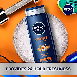 Nivea Men Sport Body Wash with Revitalizing Minerals, Tangerine and Pepper Scent, 3-in-1 Men's Body Wash, Face and Hair, Paraben Free, Vegan Formula, 16.9 Fl Oz Bottle, Pack of 3
