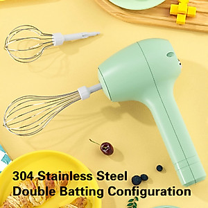 MOSHOU Cordless Hand Mixer, 3 Speed Electric Whisk USB Rechargeable Handheld Electric Mixer, 304 Stainless Steel Beaters & Whisk, for Lattes, Butter, Cakes,Egg, Milk, Cookies (Green)