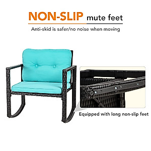 PayLessHere Outdoor Conversation Sets Rattan Furniture Wicker Rocking Chairs with Blue Cushions and Glass Coffee Table for Balcony Poolside Garden Patio Porch Backyard