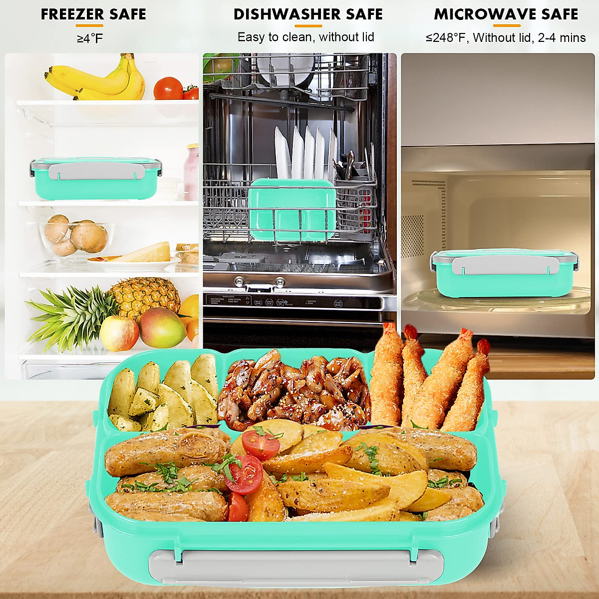 Bento Box, Lunch Box Kids, 1300ML Bento Box Adult Lunch Box with 4 Compartment &Food Picks Cake Cups, Lunch Box Containers for Adults/Kids/Toddler, Leak-Proof, Microwave/Dishwasher/Freezer Safe(Green)