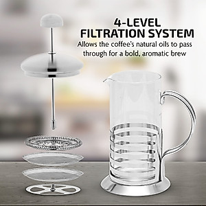 OVENTE French Press Coffee Maker 34 Ounce, 4 Filter Stainless Steel Plunger System & Durable Borosilicate Heat Resistant Glass, Portable Easy Clean Pitcher with Free Scoop, Silver FSH34S