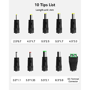 DC 12 Volt 2 Amp Power Supply 2A AC Adapter 100-240V 50-60Hz AC to DC 12V Power Cord with 5.5mmx2.5mm DC Outlet Plug & 10 Sizes of Tips for LED Strip Light Speaker Router CCTV Camera [ DC 12V 2A ]