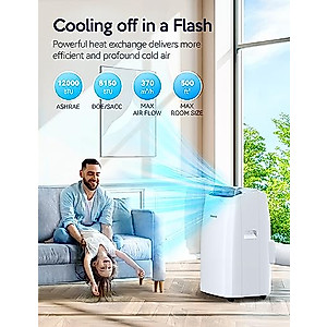 VAGKRI Portable Air Conditioners 12000 BTU ASHRAE (8150 BTU DOE/SACC), 3-in-1 AC Unit with Fan & Dehumidifier Cool up to 500 sq. ft, Portable AC with Smart/Sleep Mode, 3 Fan Speeds, Auto Swing, 24H Timer, Remote Control